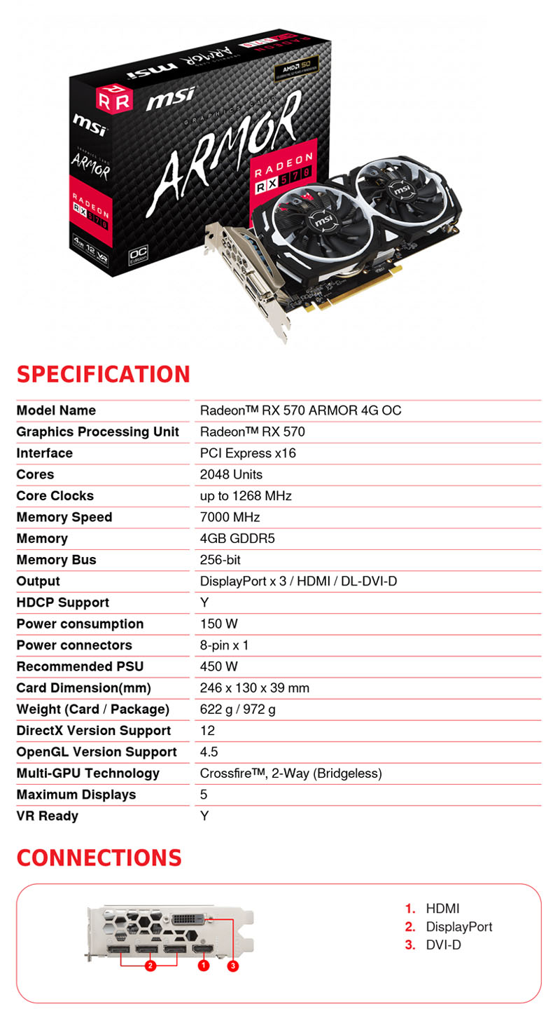 VGA (การ์ดแสดงผล) MSI RADEON RX570 ARMOR 4G OC GDDR5 256 BIT 3 + 1Y