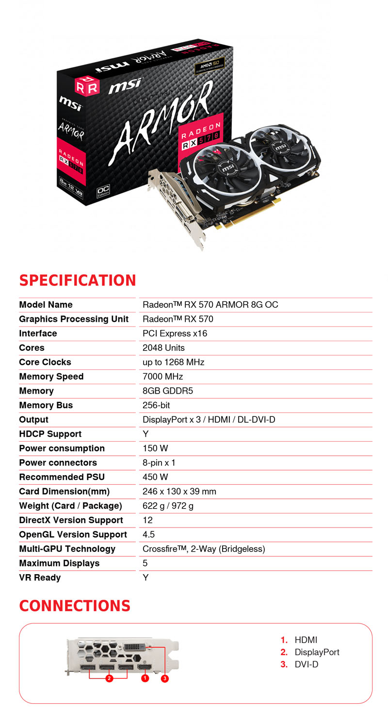 VGA (การ์ดแสดงผล) MSI RADEON R 570 ARMOR 8G OC GDDR5 256 BIT 3 + 1Y